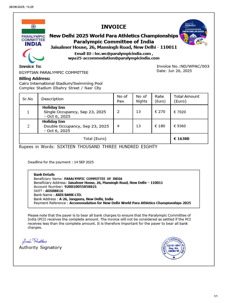 03 Invoice - Egyptian Paralympic Committee | PDF | Payments