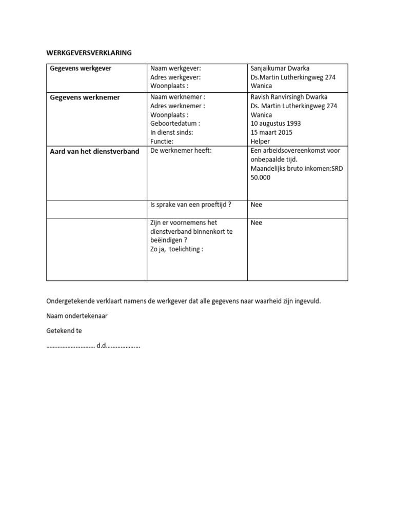 Werkgeversverklaring R. Dwarka | PDF