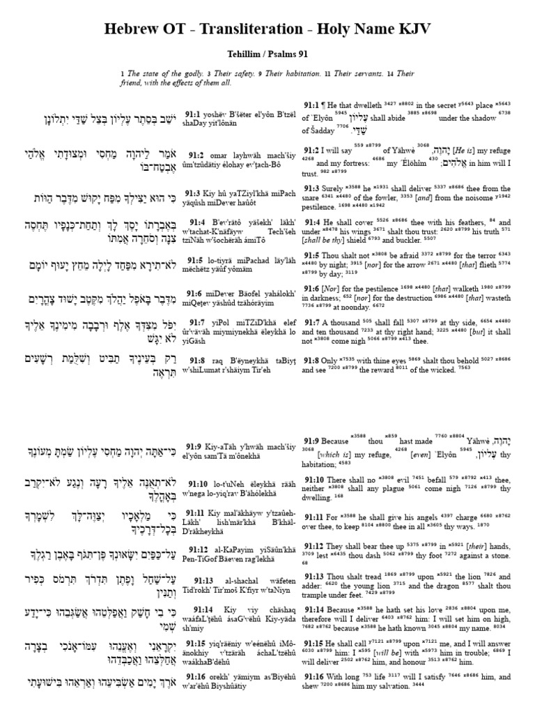 Hebrew OT - Transliteration - Holy Name KJV: Tehillim / Psalms 91 | PDF ...