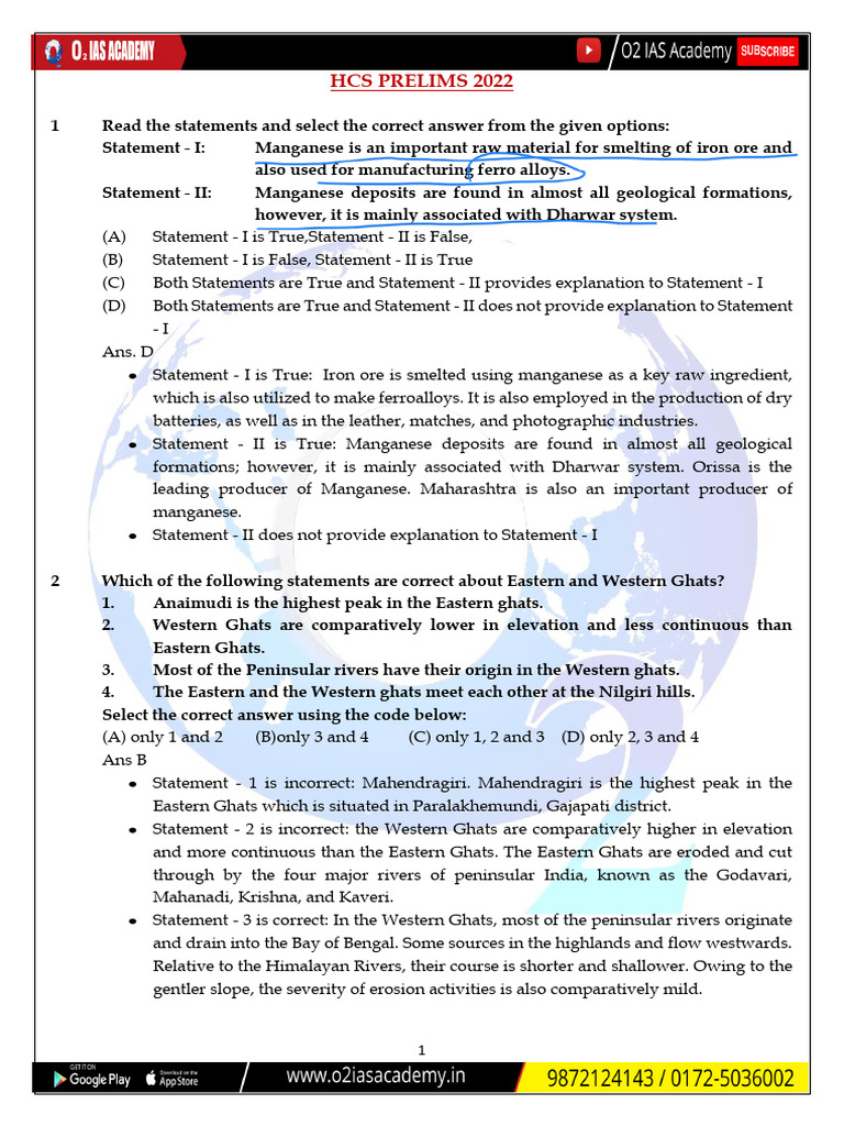 HCS Prelims 2022 Exam Questions and Answers | PDF