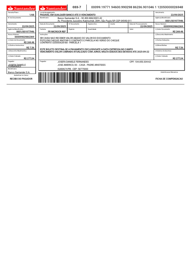 Boleto de Pagamento Parcelado Santander | PDF | Bancos
