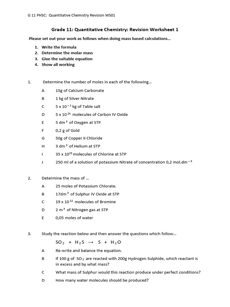 Grade 11 Quantitative Chemistry Worksheet | PDF