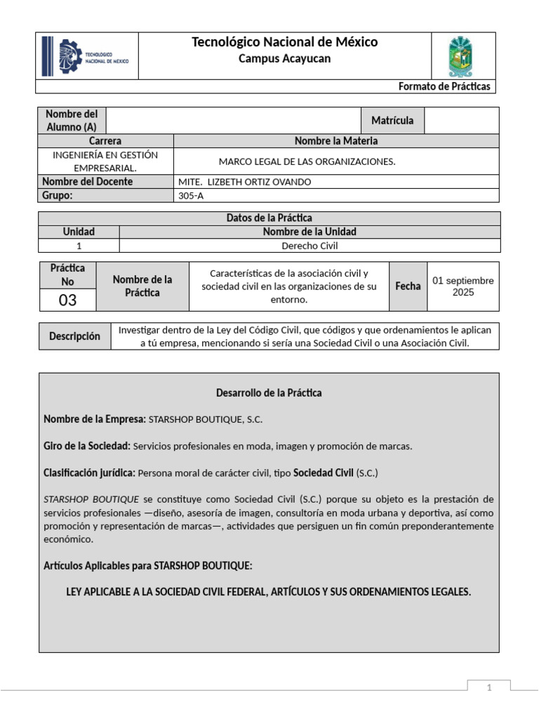 Practica 03 Gpo 305-A Marco Legal | PDF | Sociedad de responsabilidad ...