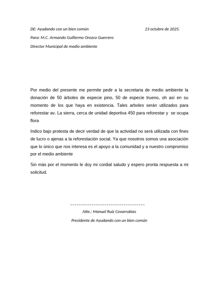 Solicitud de donación de árboles para reforestación | PDF