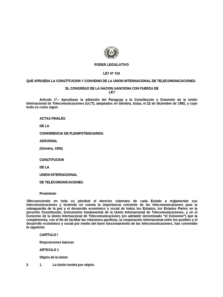 418 - 1994 Convenio Union Inter Telecomunica | PDF | Telecomunicaciones ...
