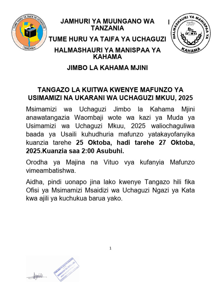 Kahama 2025 Uchaguzi Mafunzo Tangazo | PDF