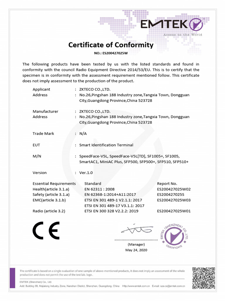 Certificate of Conformity for ZKTECO Products | PDF