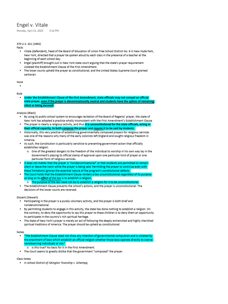 Engel v. Vitale | PDF | United States Law | United States ...