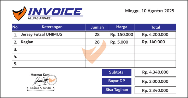 Invoice Pembelian Jersey Futsal UNIMUS | PDF