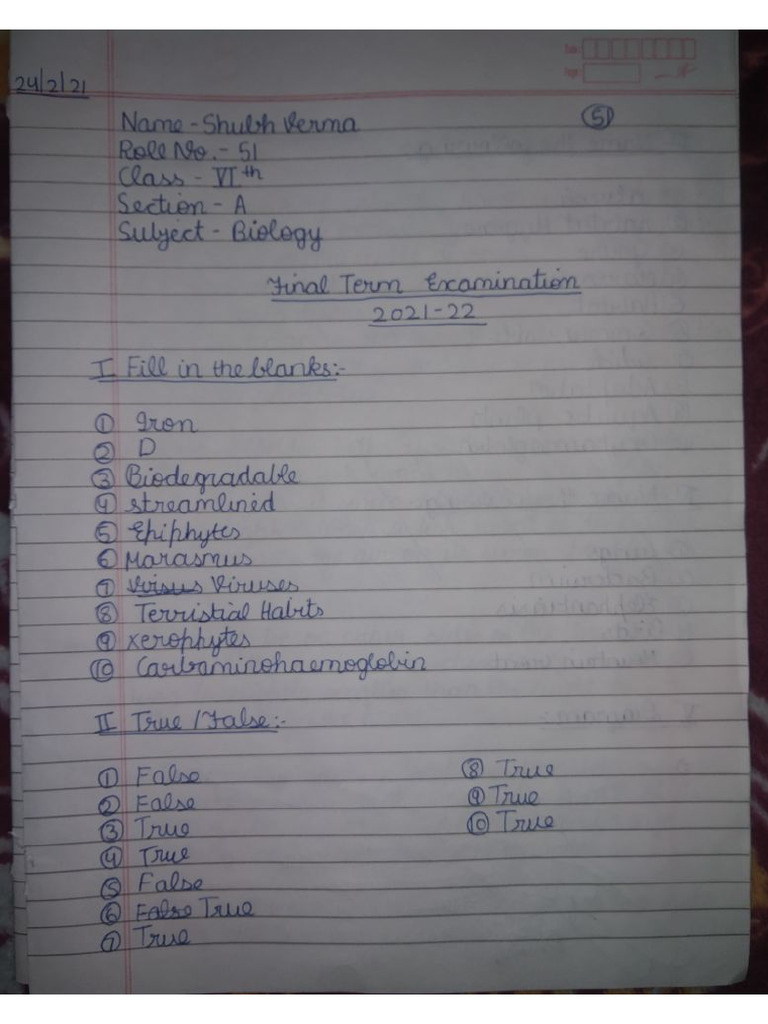 Shubh Verma Roll No 51 Class 6 A Biology Exam | PDF