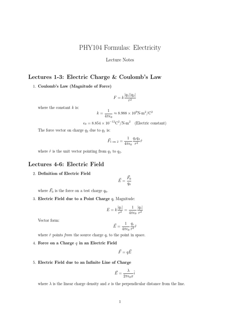 Electricity Formulas and Concepts Guide | PDF | Electric Field ...