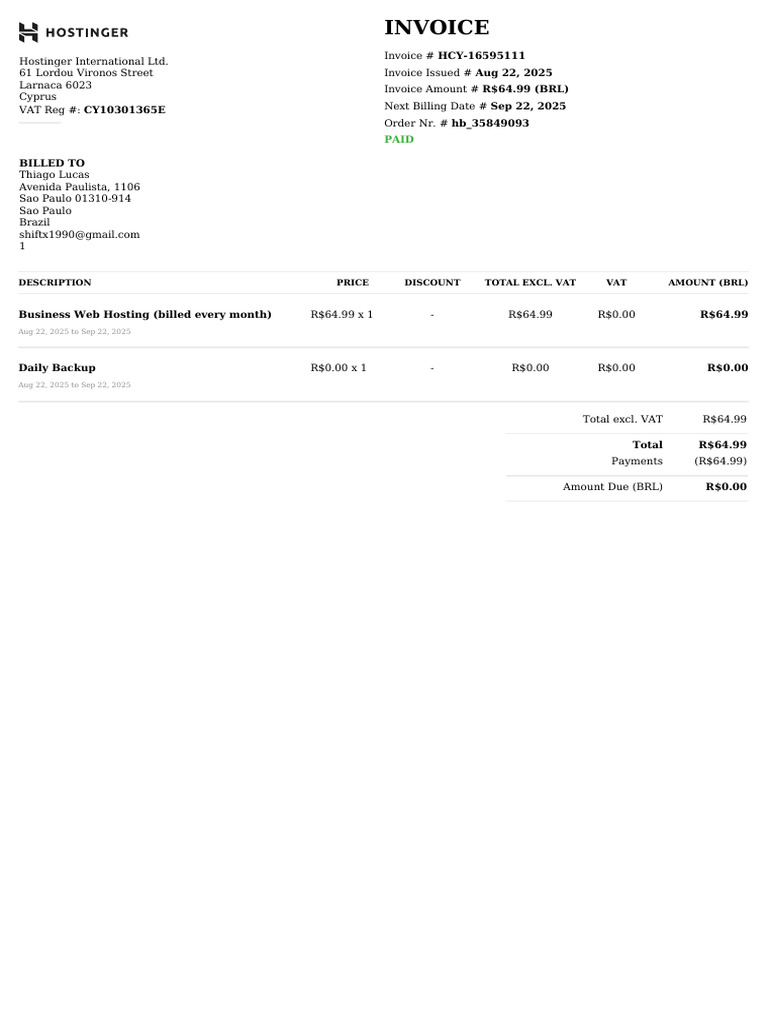 Billed To: Description Price Discount Total Excl. Vat VAT Amount (BRL ...