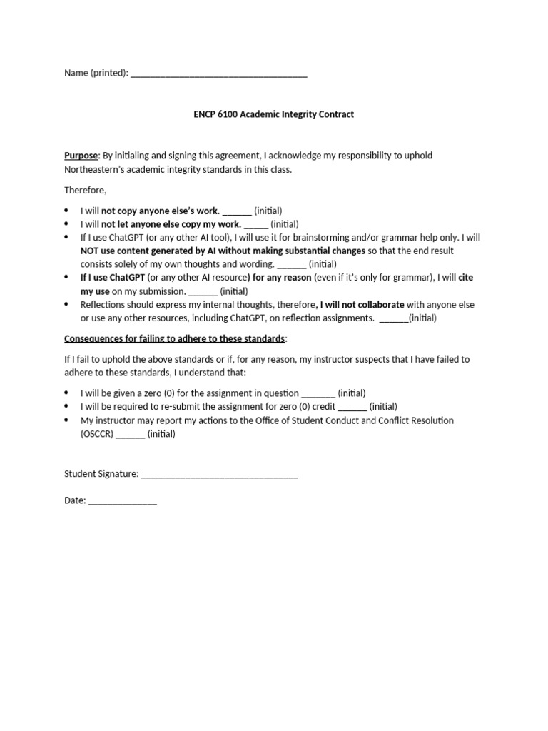 Academic Integrity Contract for ENCP 6100 | PDF