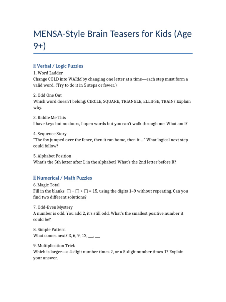 Brain Teasers for Kids Age 9+ | PDF