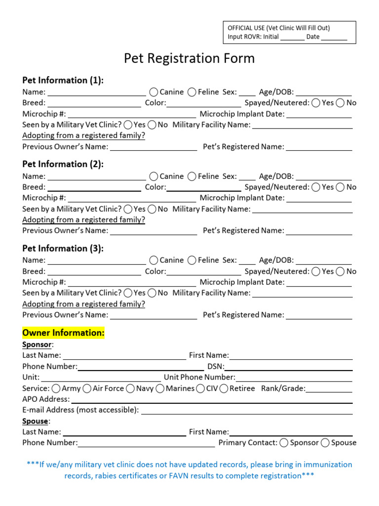 Camp Humphrey Pet Registration Form | PDF | Domestication ...