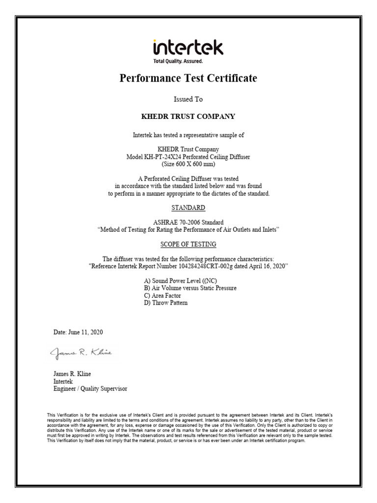 Perforated Ceiling Diffuser PCD Interteck Performance Certificate | PDF