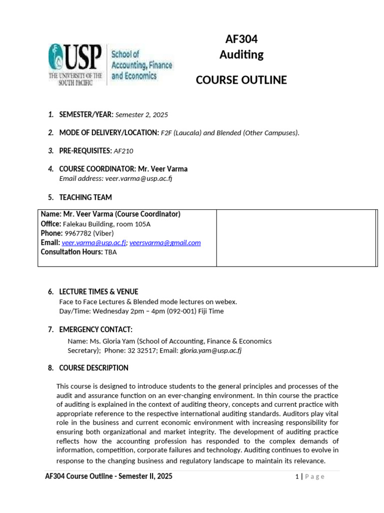 AF304 Auditing Course Outline 2025 | PDF | Audit | Accounting