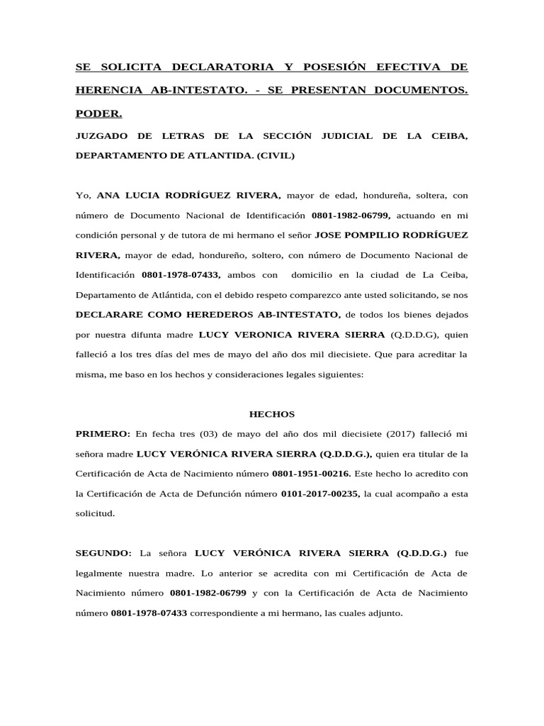 Se Solicita Declaratoria y Posesión Efectiva de Herencia Ab-Intestato ...