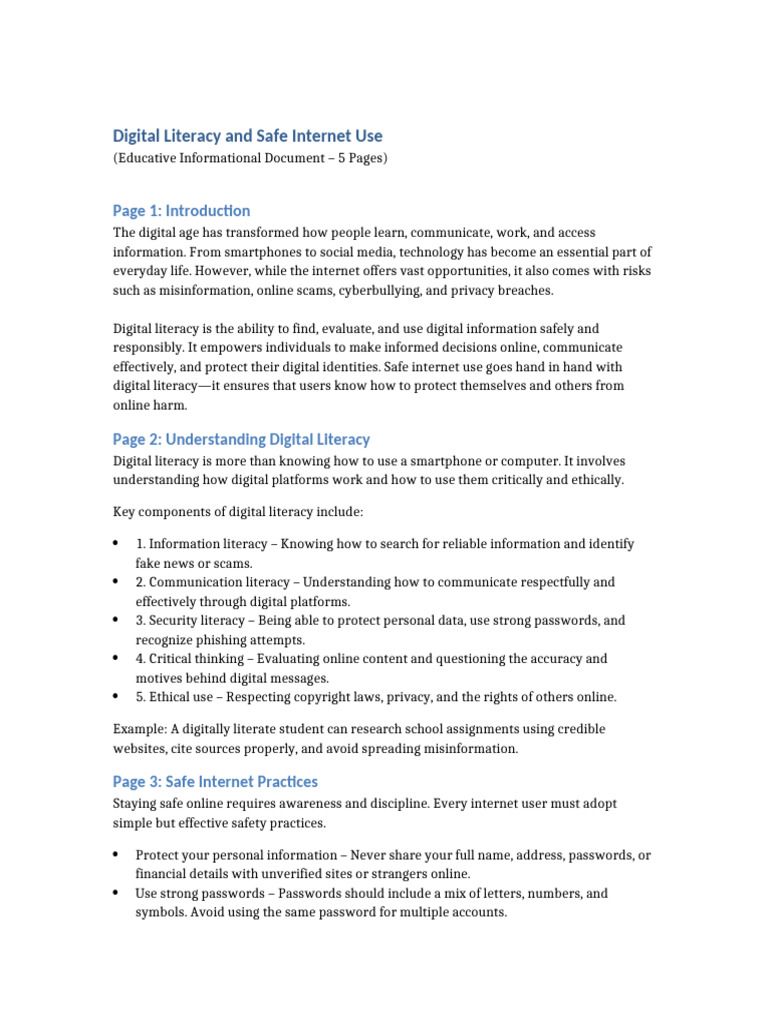 Digital Literacy & Safe Internet Use Guide | PDF | Cybercrime | Social ...