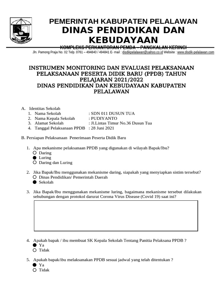 Evaluasi PPDB SDN 011 Dusun Tua 2021 | PDF
