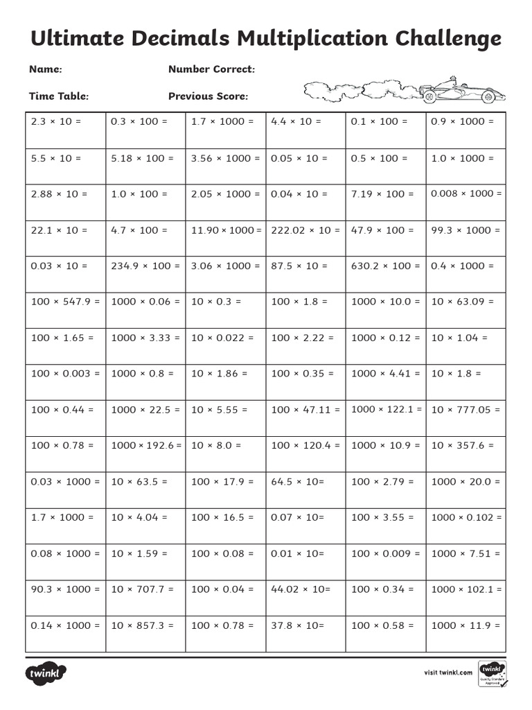 Ultimate Decimals Multiplication Challenge: Name: Number Correct: Time ...