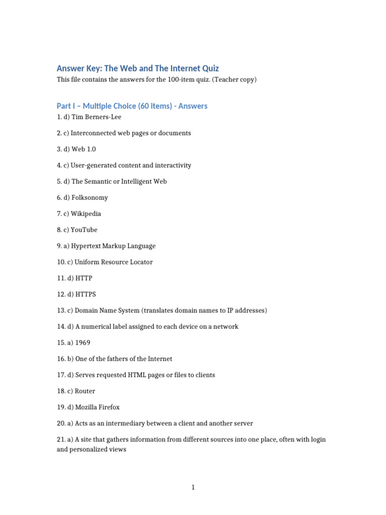 Web and Internet Quiz Answer Key | PDF | World Wide Web | Internet & Web