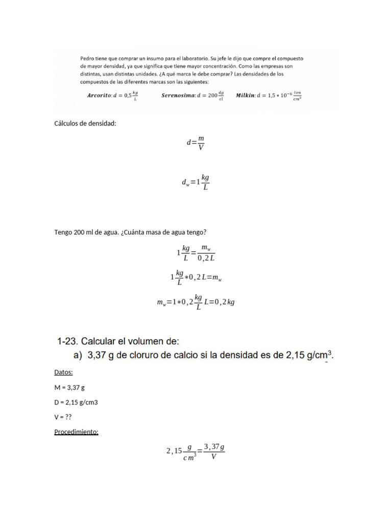 Cálculos de Densidad y Volumen en Líquidos | PDF
