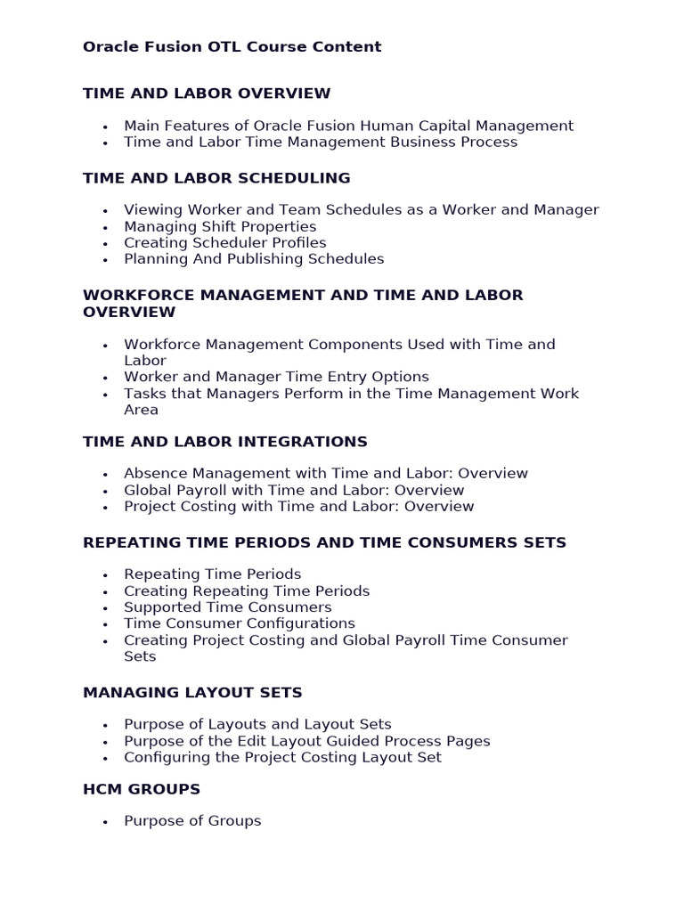 Oracle Fusion OTL Course Content | PDF | Payroll | Time Management