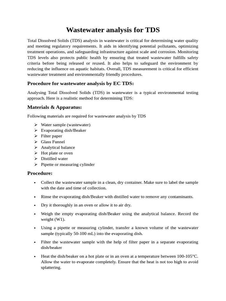 TDS Analysis in Wastewater: Procedure & Importance | PDF | Filtration ...