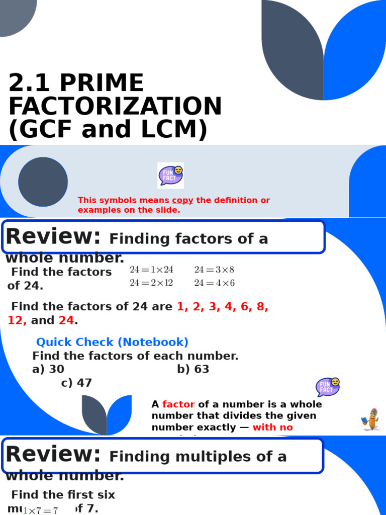 Prime Factorization, GCF, and LCM Guide | PDF | Prime Number | Algebra