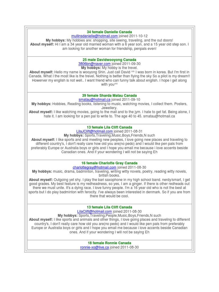 Canadian Pen Pal Profiles and Hobbies | PDF | Hobbies