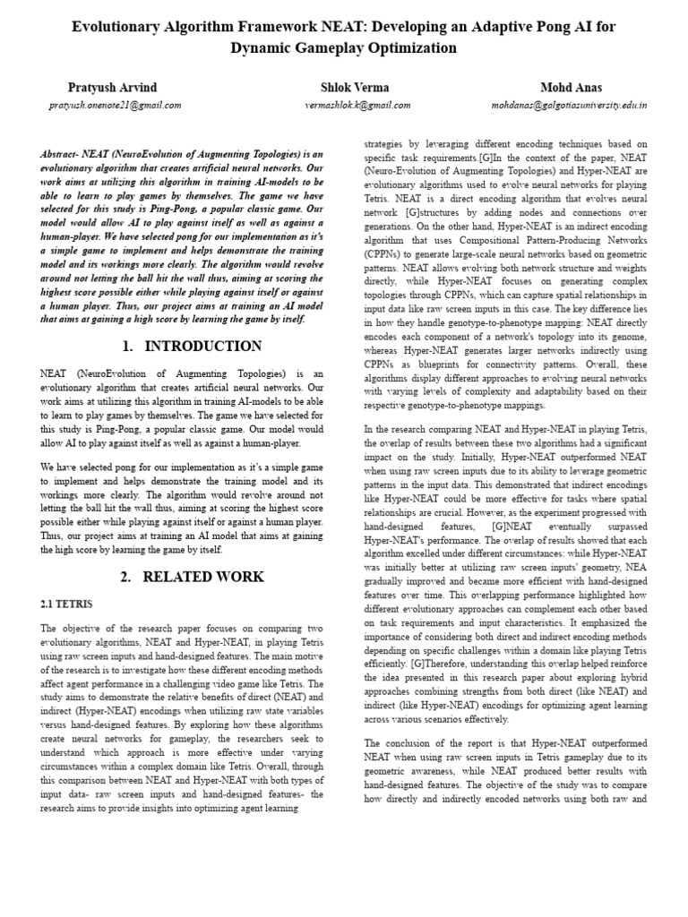 Evolutionary Algorithm Framework NEAT - Developing An Adaptive Pong AI ...