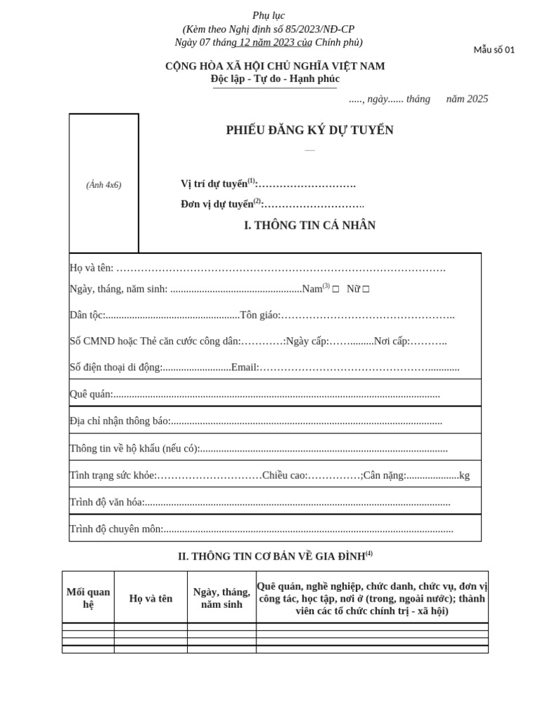 Phieu Dang Ky Du Tuyen VC Theo ND 85 2023 B6a95 | PDF