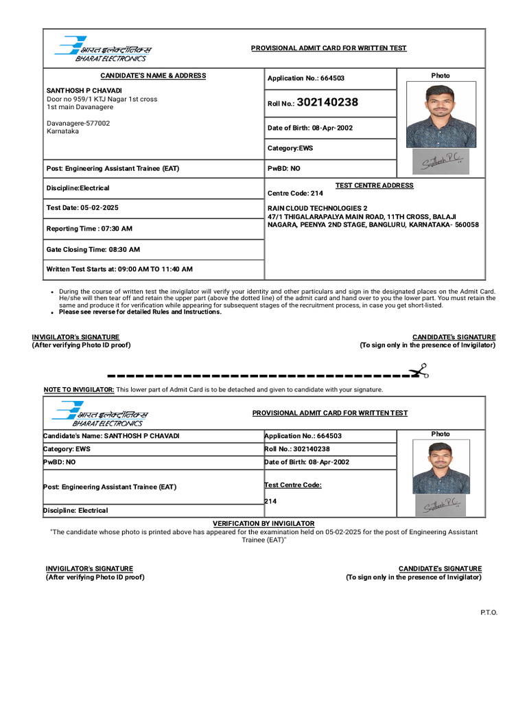 Bel-2024 Eat-Tech - Admit Card | PDF