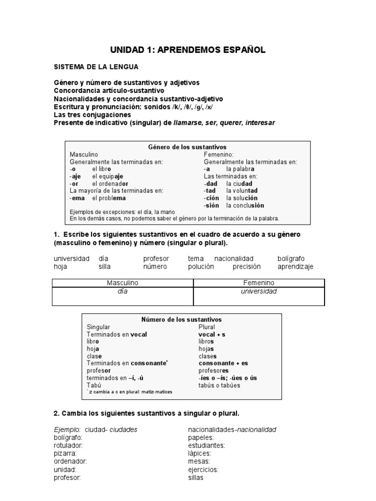 Ejercicios de Género y Número en Español | PDF | Género gramatical ...