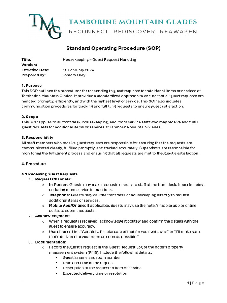 SOP Housekeeping - Guest Request Handling | PDF
