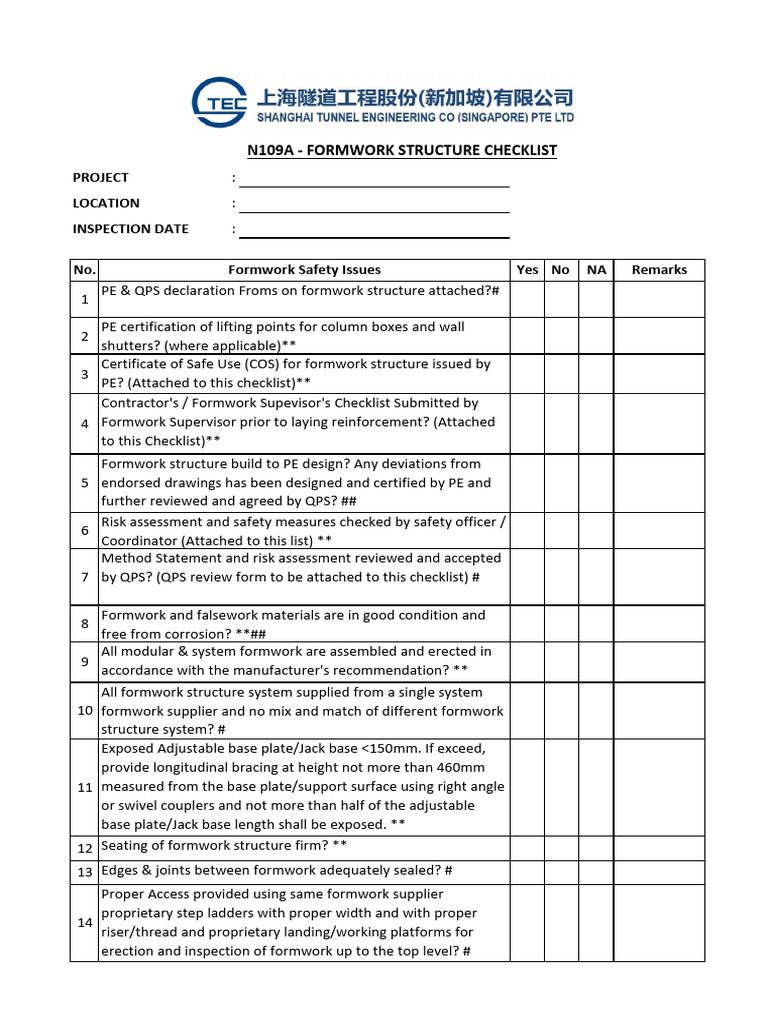 9D - STEC-EHS-029A - Formwork Checklist | PDF | Structural Engineering