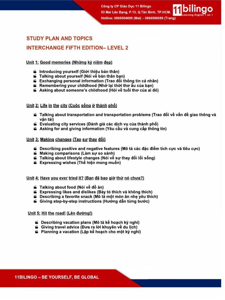 Topics and Study Plan Interchange Fifth Edition Level 2 | PDF