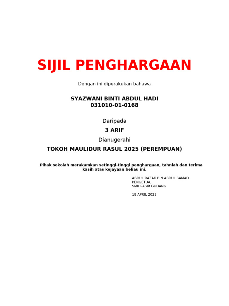 Template Sijil Tokoh Maulidurrasul | PDF