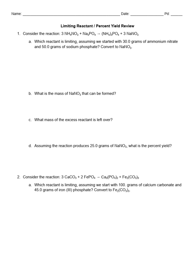 Limiting Reactants & Percent Yield Answers | PDF