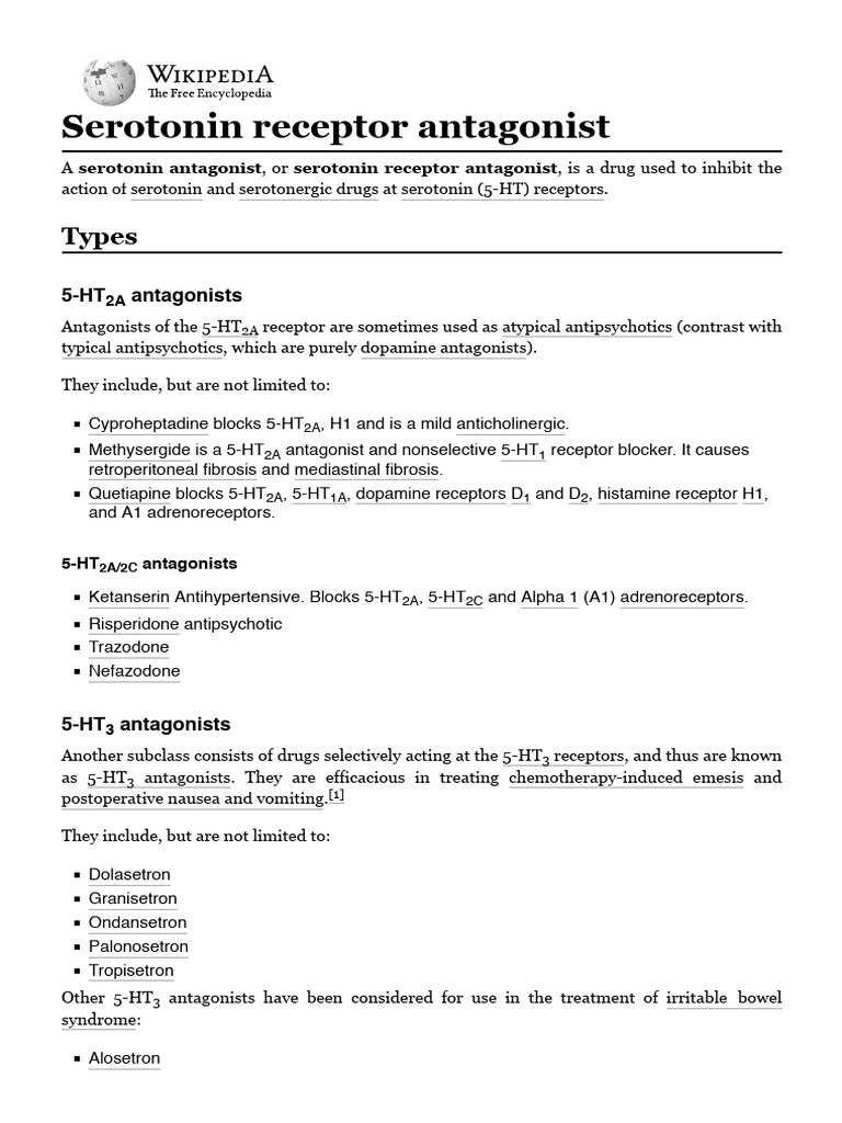 Serotonin Receptor Antagonist, Wiki | PDF | Neurochemistry | Receptors