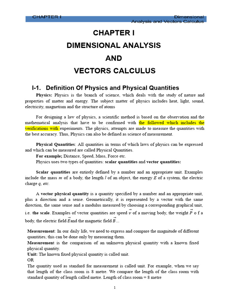 CHAPTER 1 Dimensional Analysis and Vectors Calculus (1) - 1 | PDF | Euclidean Vector | Force