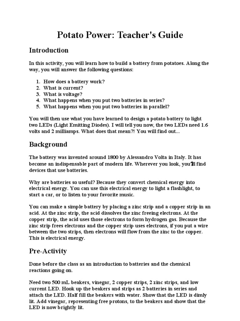 Potato Power | PDF | Electric Current | Battery (Electricity)