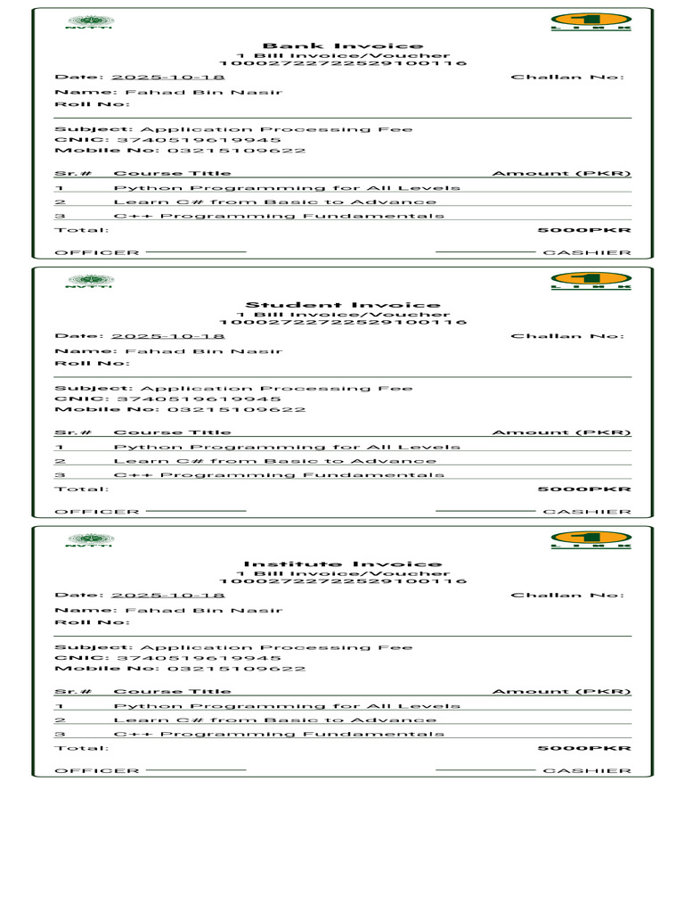 NVTTI Bank Challan | PDF