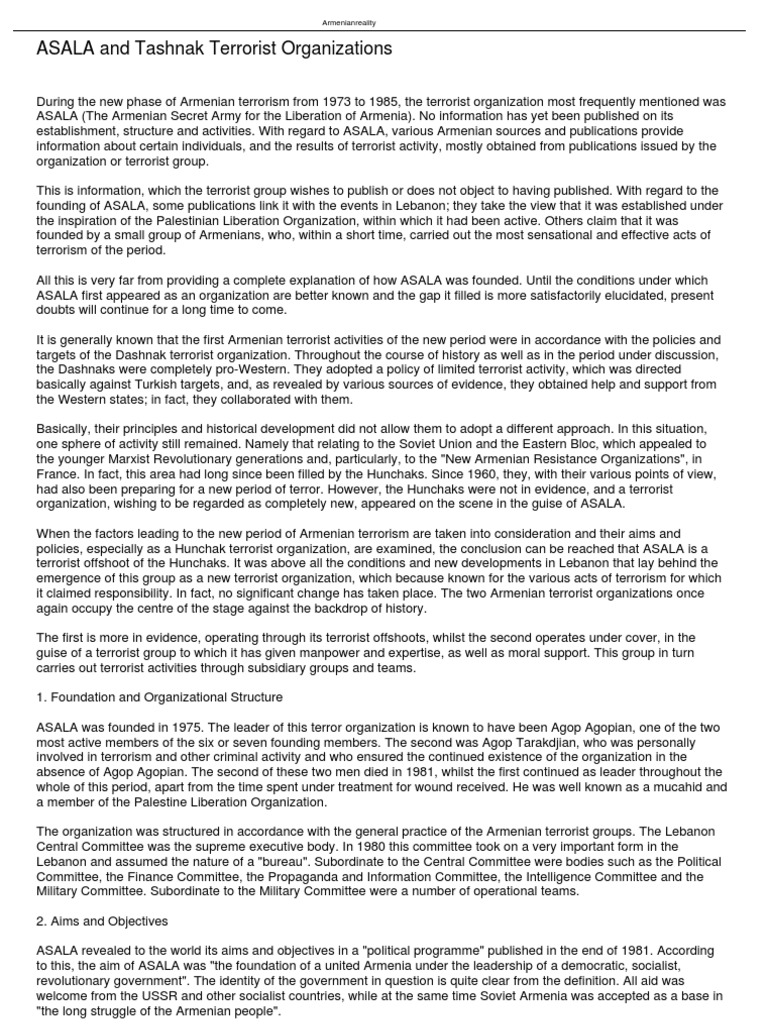 ASALA and Tashnak Terrorist Organizations | PDF | Armenia | Kurdistan Workers' Party
