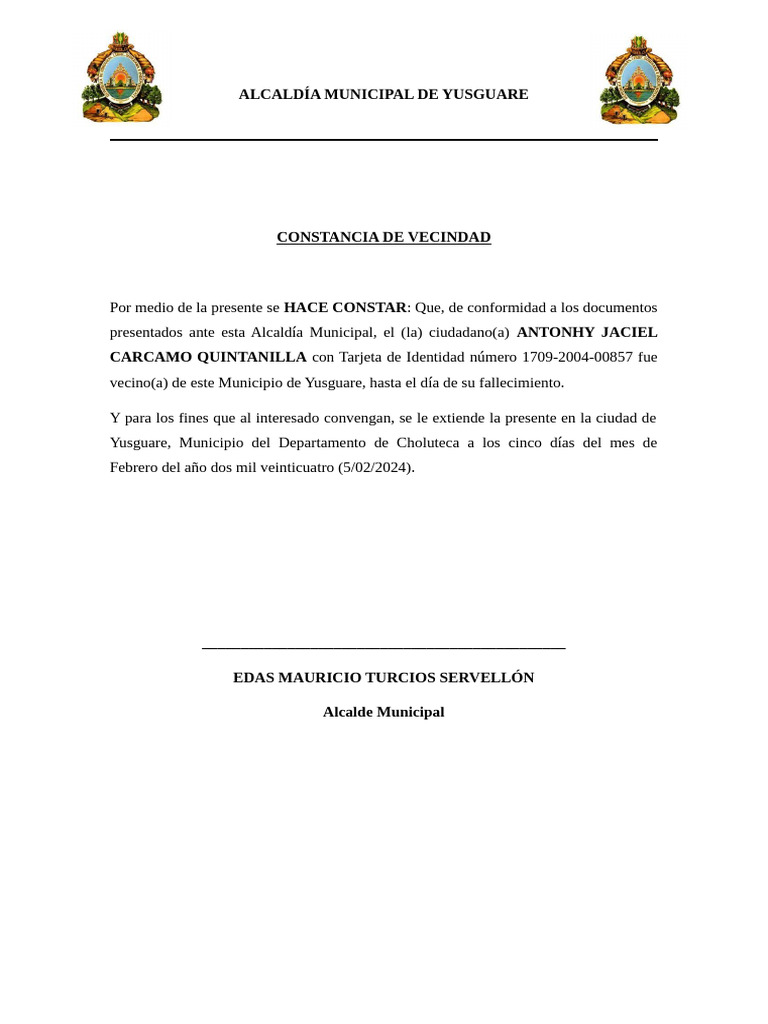 Constancia de Vecindad Yusguare 2024 | PDF