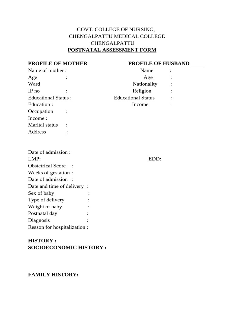 Postnatal Assessment Formet | PDF | Postpartum Period | Childbirth