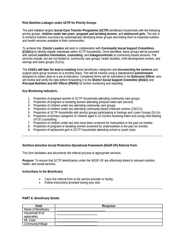 Pilot Nutrition Linkages and Referrals Under SCTP For Priority Groups-1 ...