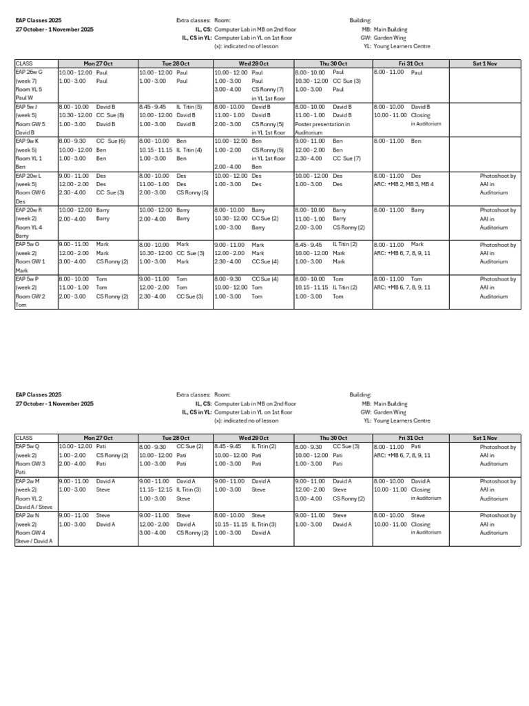 EAP Classes Schedule for 2025 | PDF