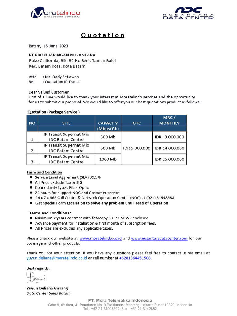 IP Transit Quotation from Moratelindo | PDF